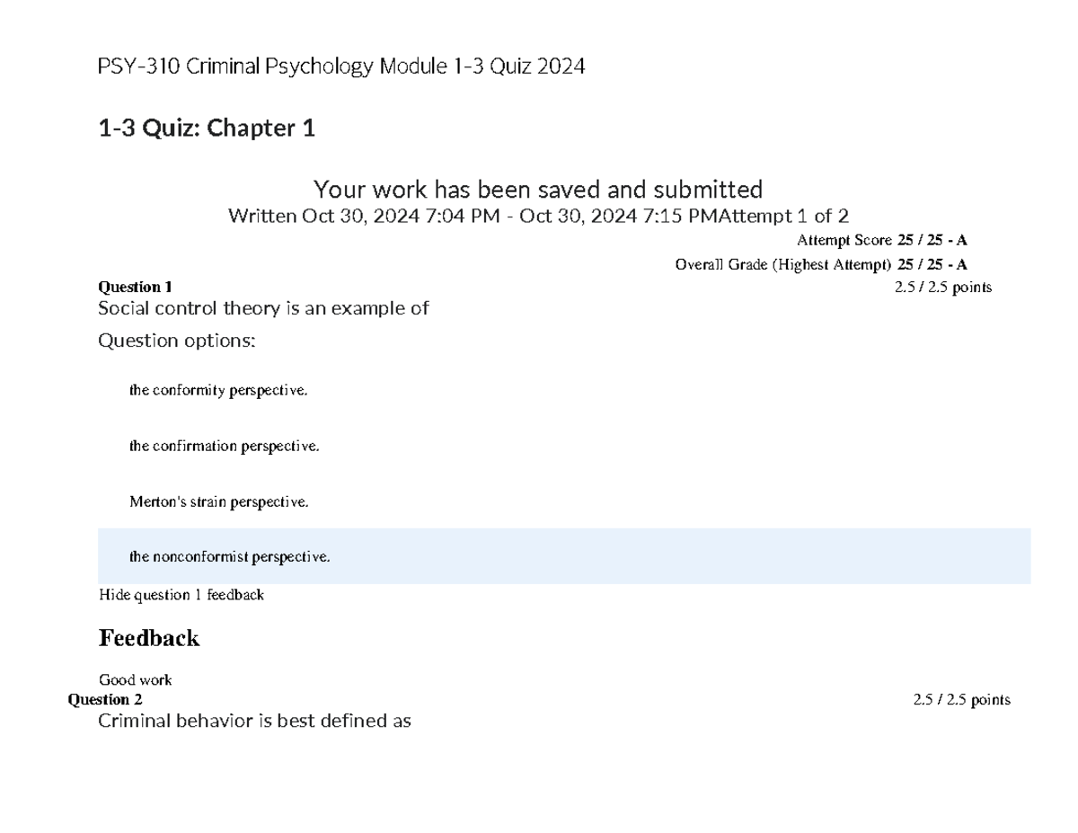 PSY-310 Criminal Psychology Module 1-3 Quiz 2024 - 1 - 3 Quiz: Chapter ...