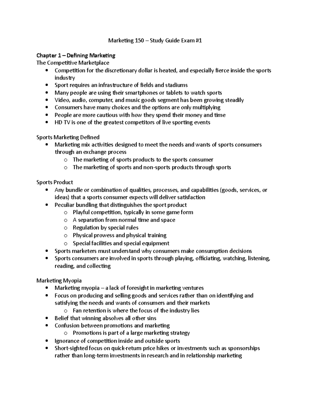 Marketing 150 – Study Guide Exam #1 - Marketing 150 Study Guide Exam ...
