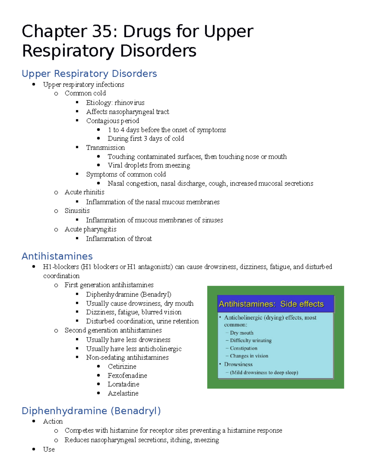 Chapter 35, 36, 45 Notes - Chapter 35: Drugs for Upper Respiratory ...