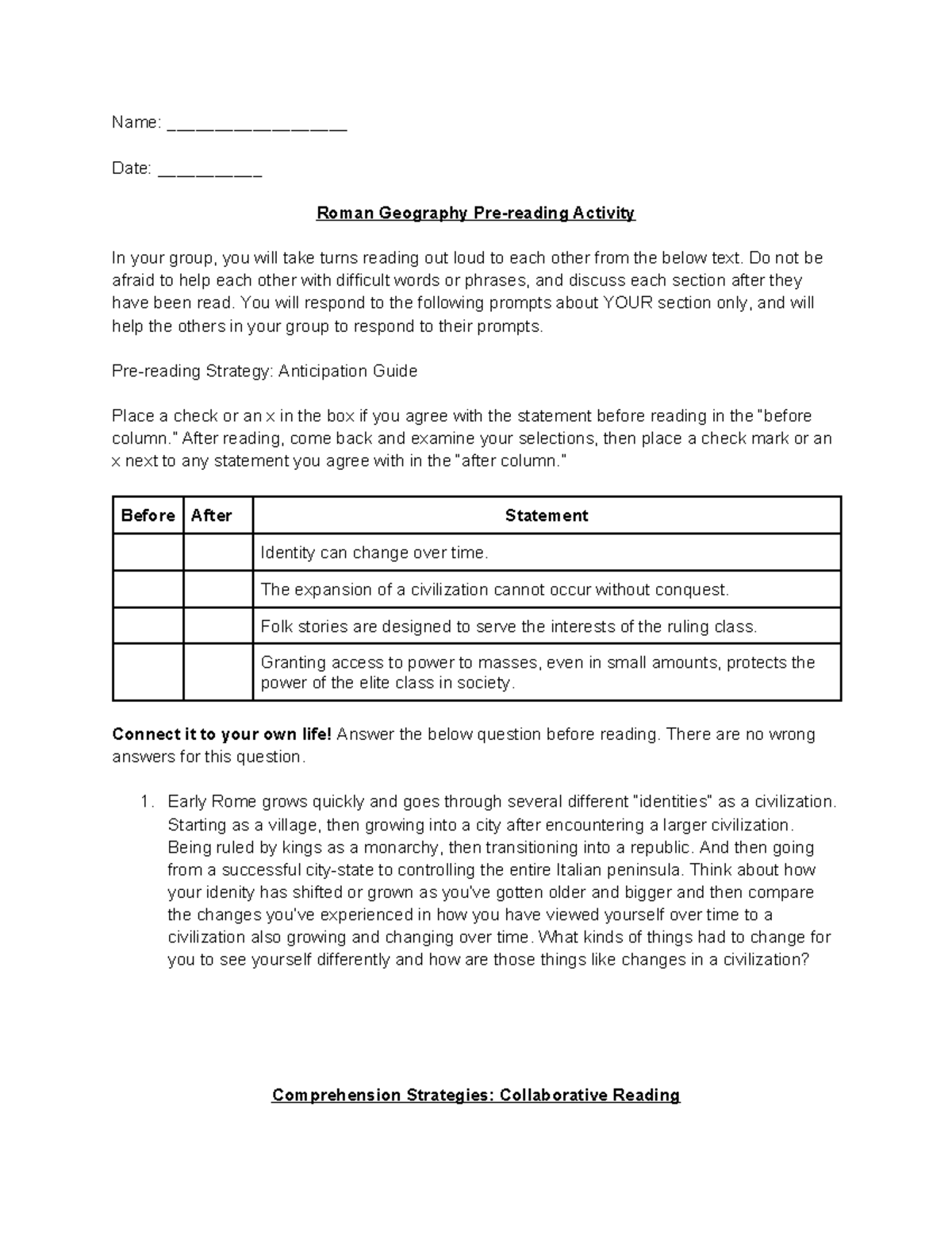 Roman Geography Pre-reading and Comprehension - Name ...