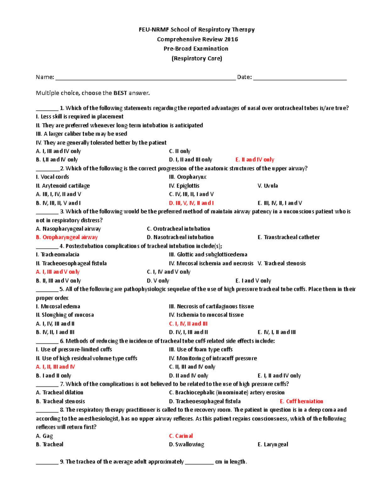 FEU Review Pre Board Exam 2016 Respi Care - FEU-NRMF School of ...