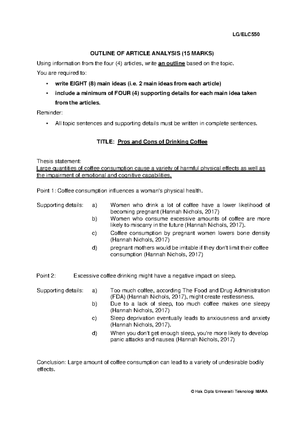 Outline Of Article Analysis Pros and Cons Drinking Coffee - OUTLINE OF ...