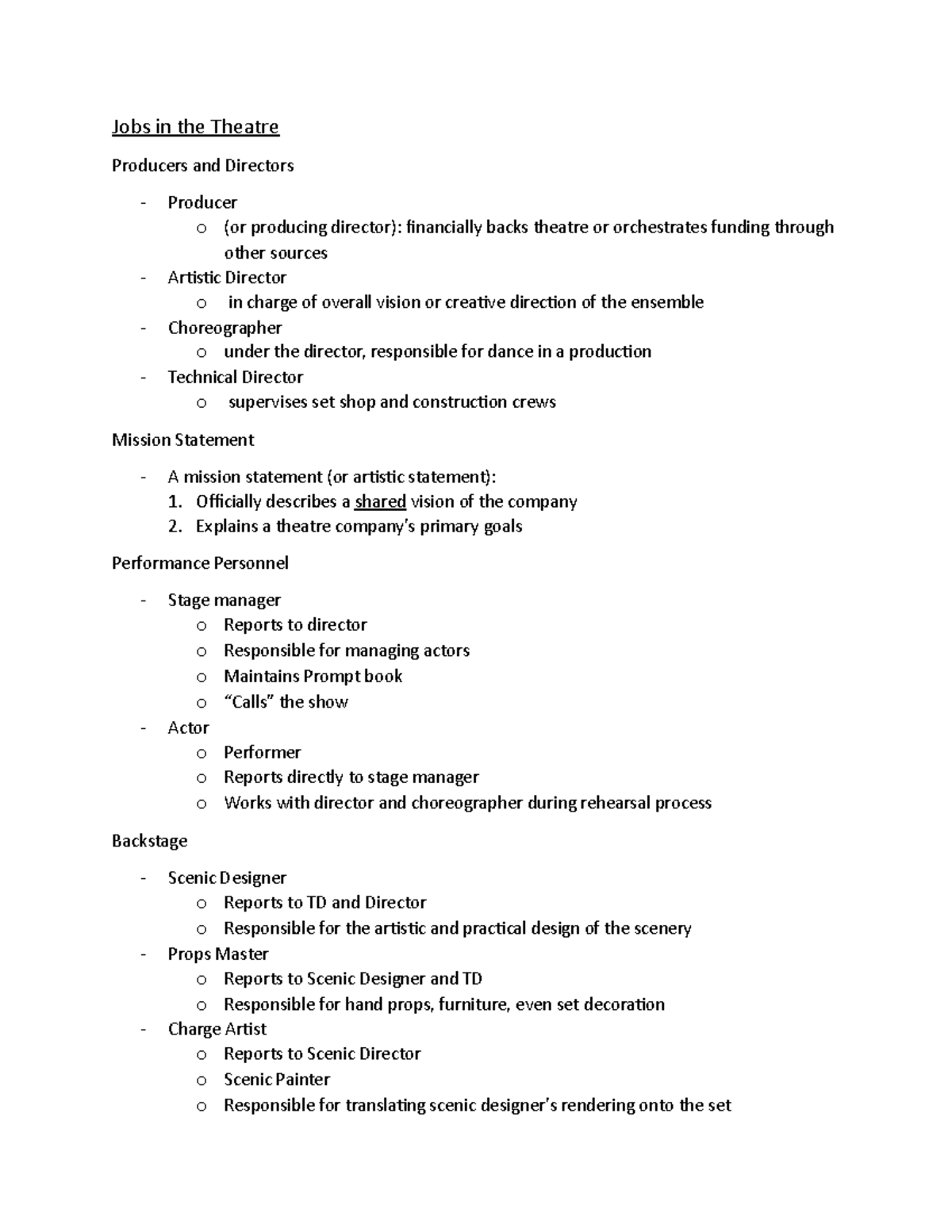 Jobs in Theatre - Professor: Katherin Bilbo - THEA 43101 - Studocu