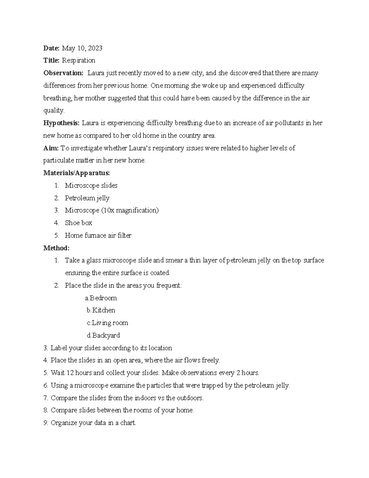 Respiration, implementation and physics - Date: May 10, 2023 Title ...