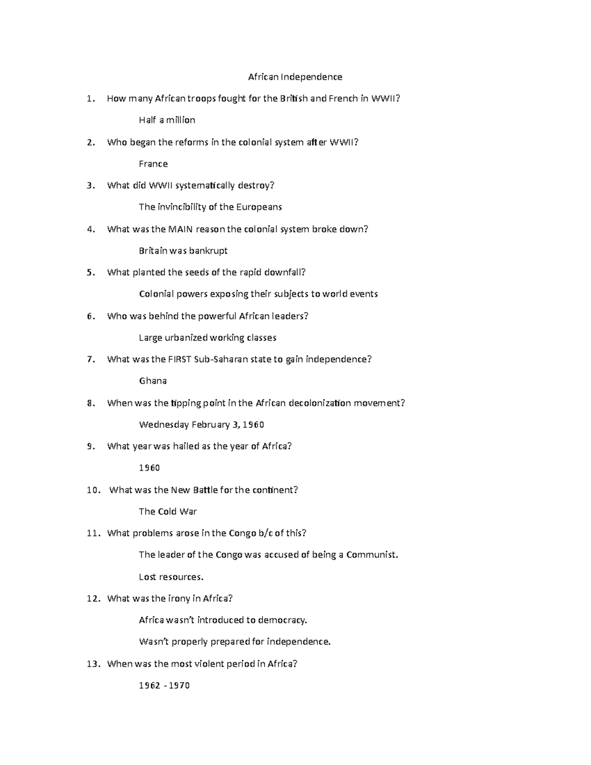 African Independence - Questions based on lecture notes - African ...