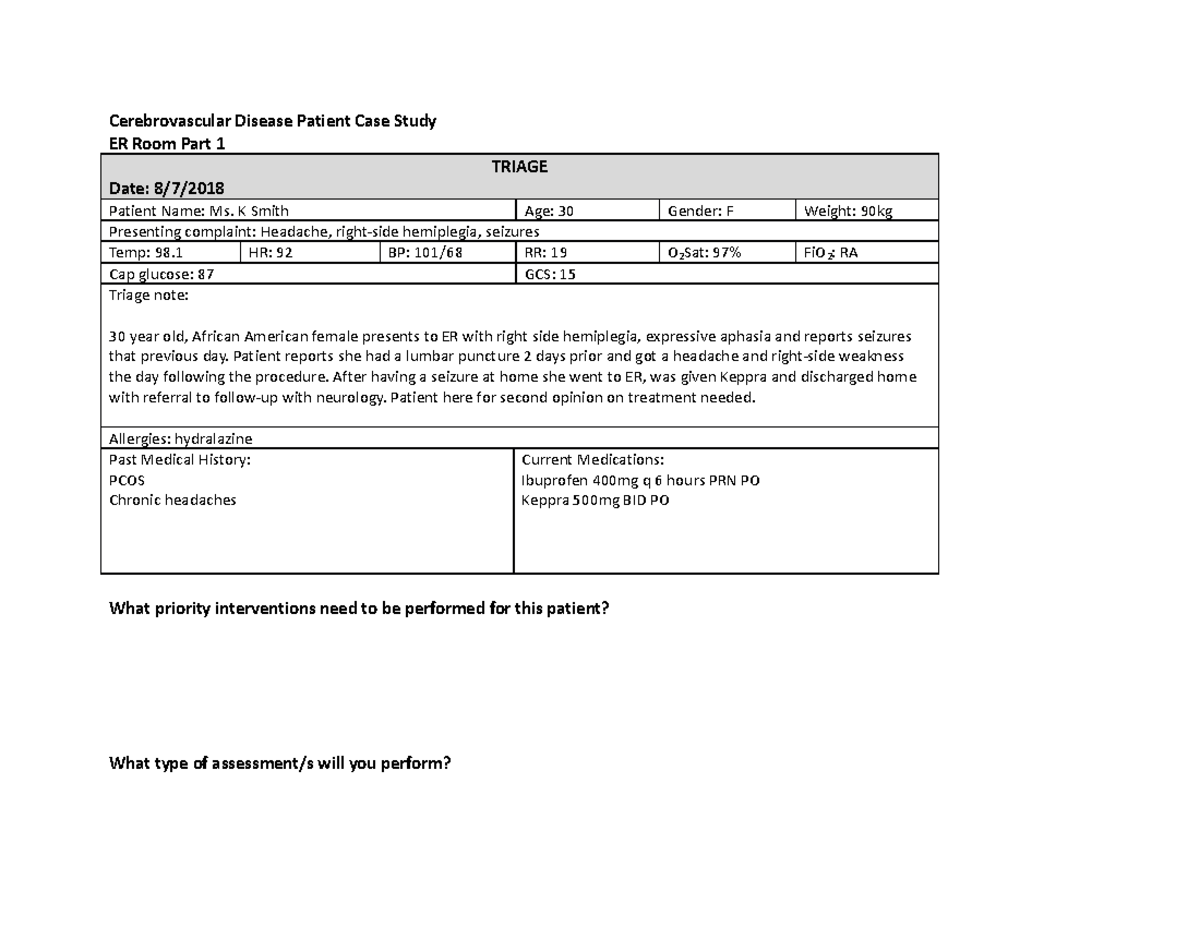 Stroke Case Study (1) - shadow health - Cerebrovascular Disease Patient ...