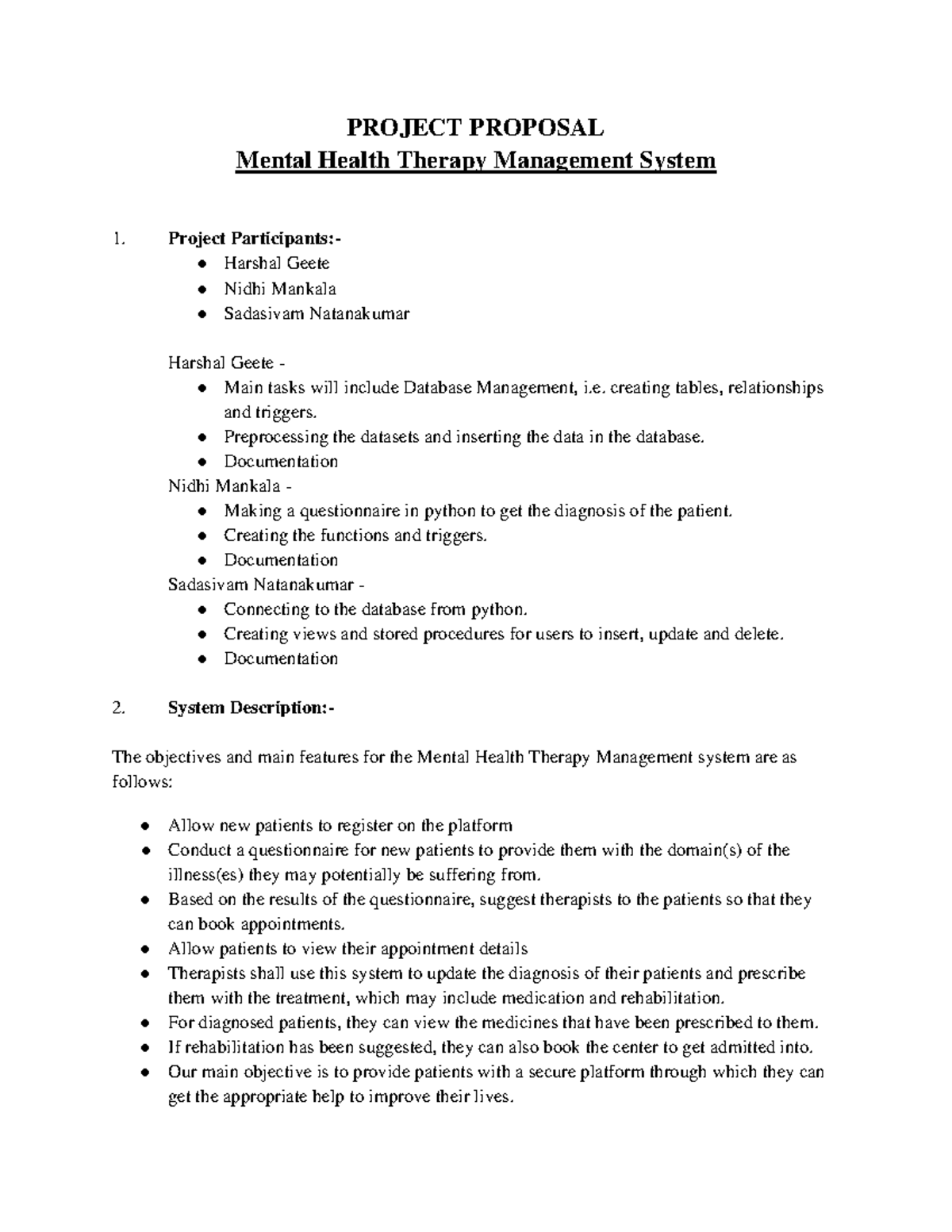 Project Proposal - PROJECT PROPOSAL Mental Health Therapy Management ...