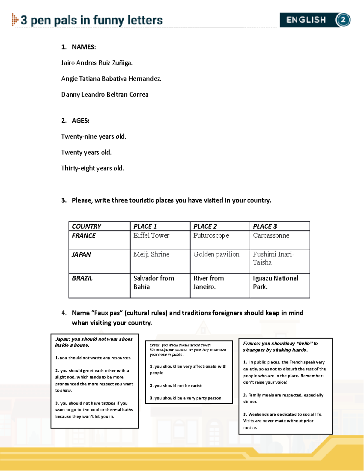 Pen Pal application form (3) (1) - 1. NAMES: Jairo Andres Ruiz Zuñiga ...