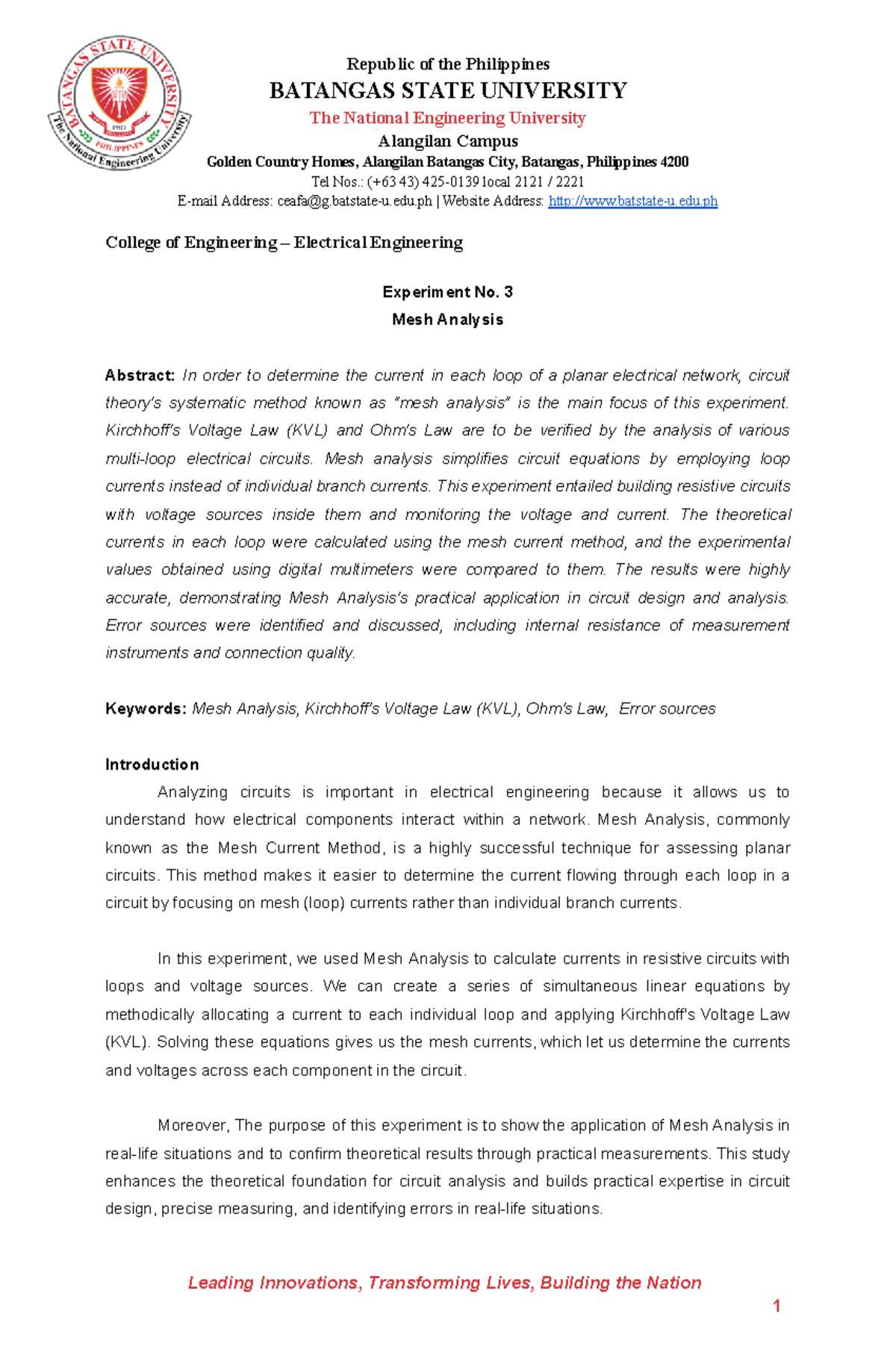 Experiment No 3 - Lab report - BATANGAS STATE UNIVERSITY The National Engineering University ...