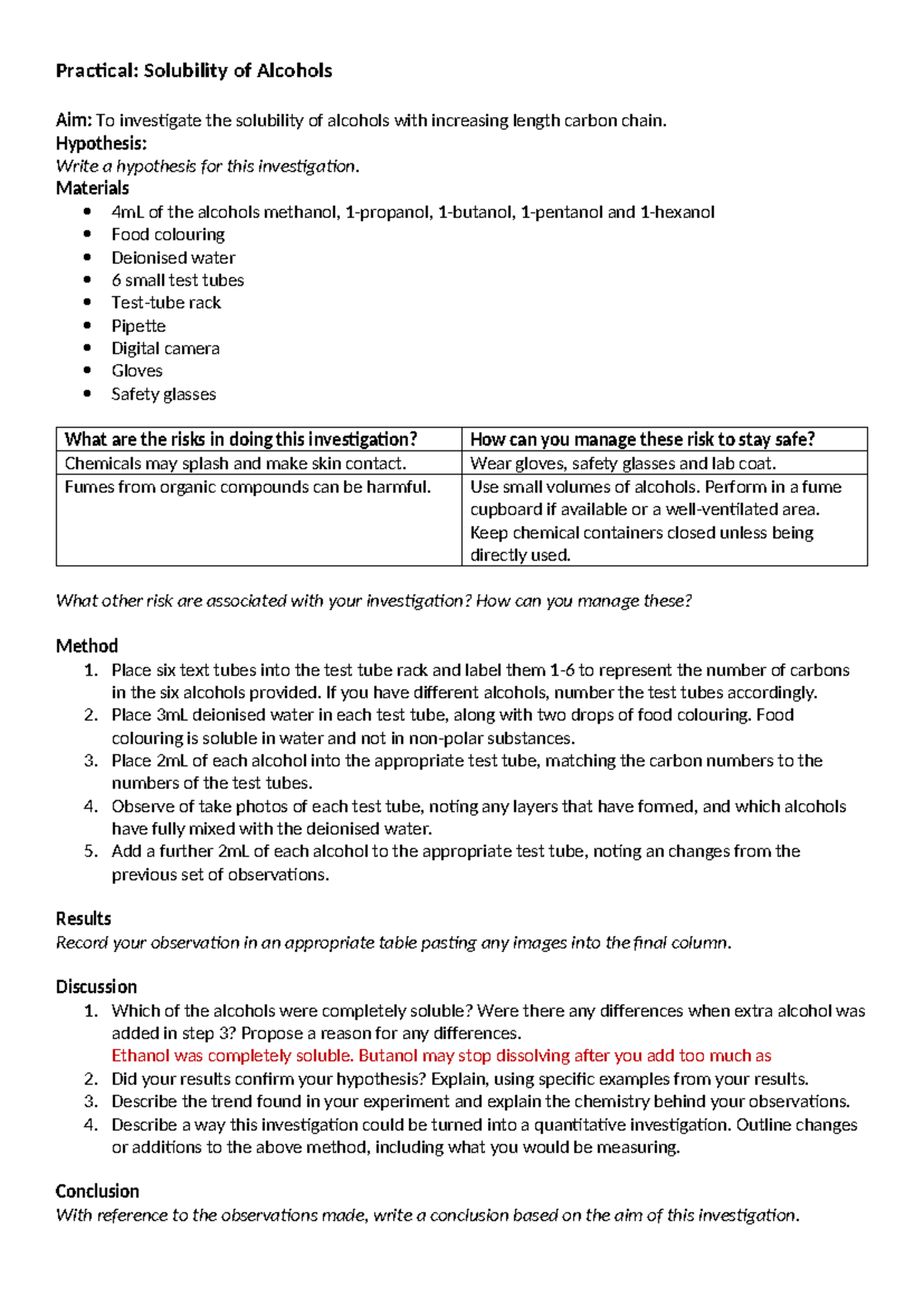 Practical - Solubility of Alcohols - Practical: Solubility of Alcohols ...