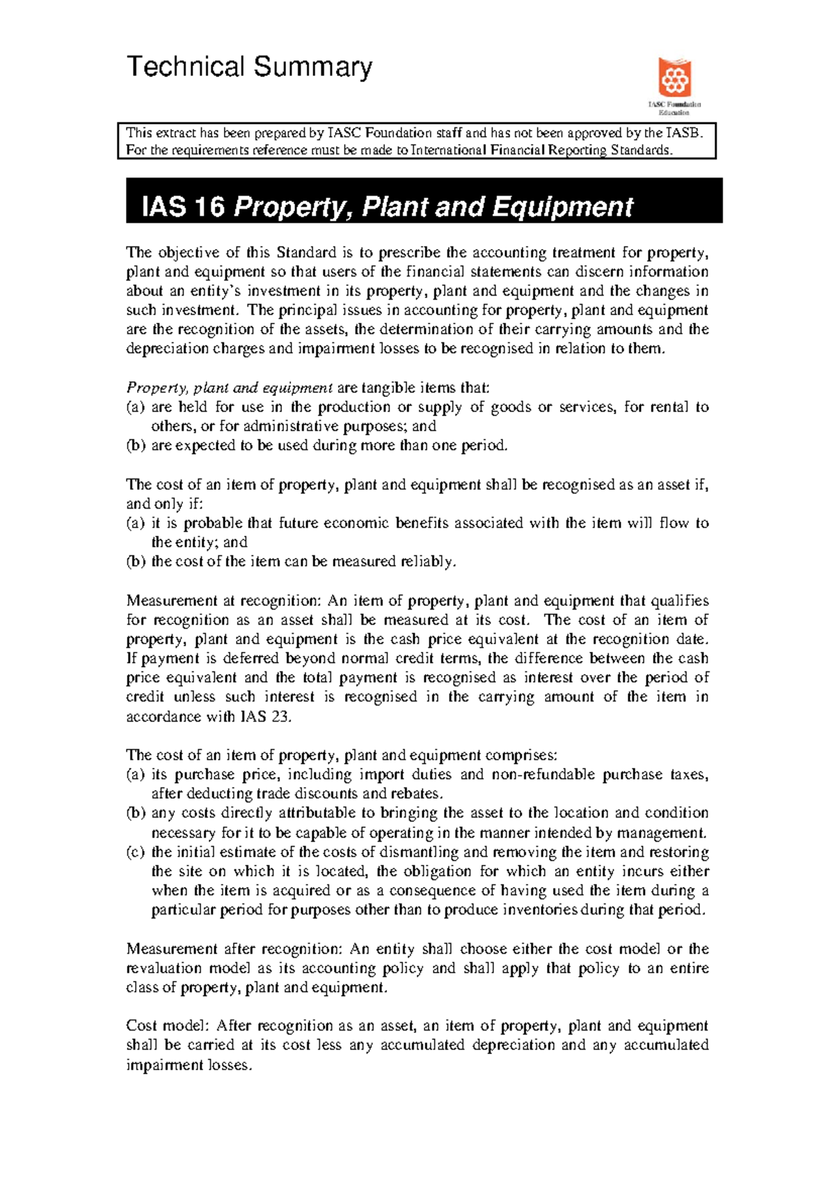 IAS 16 Property Plant and Equipment - Technical Summary This extract ...