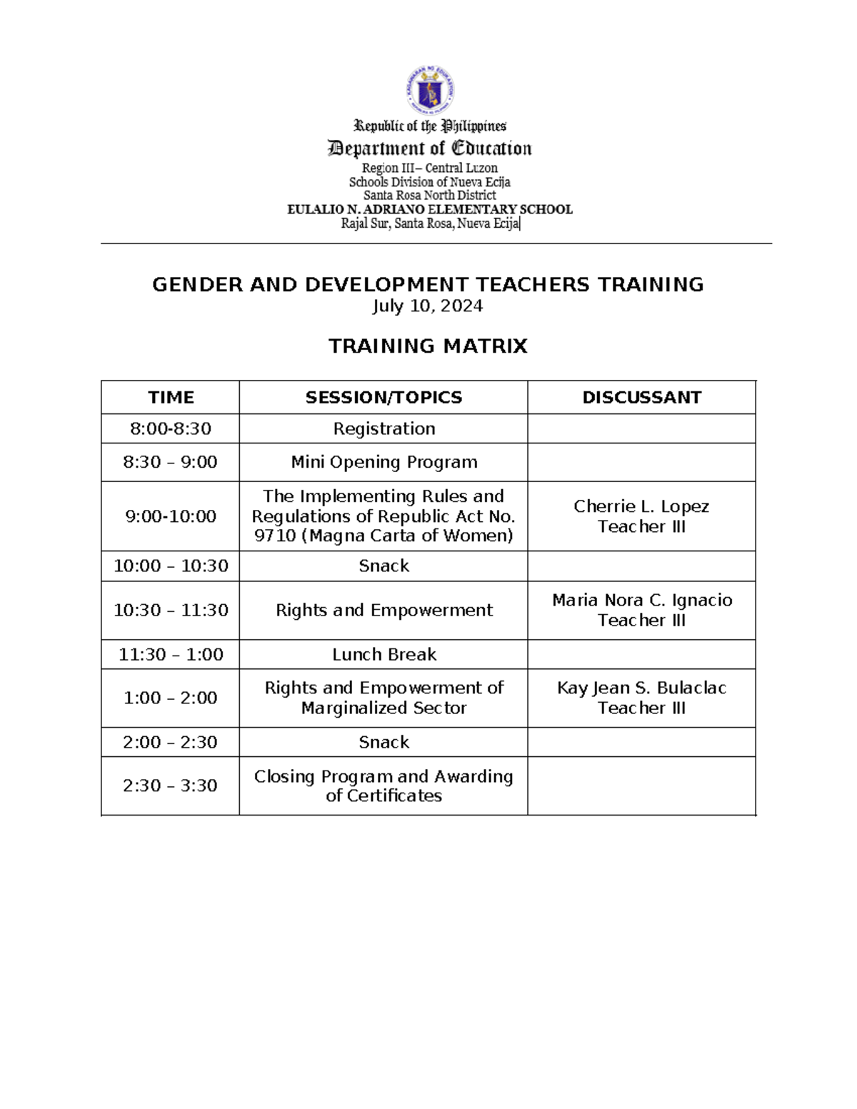 Gender and development (GAD) training Matrix for Teachers in Elementary ...