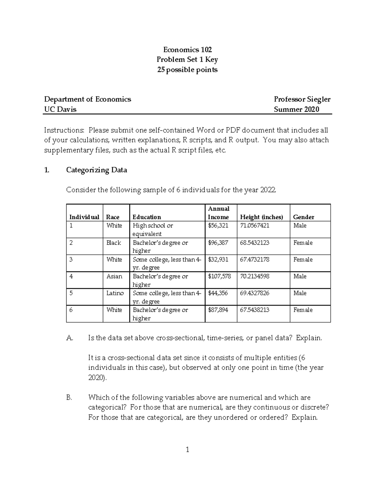Economics 102 Problem Set 1 Key Su2020 - Economics 102 Problem Set 1 Key 25 possible points ...