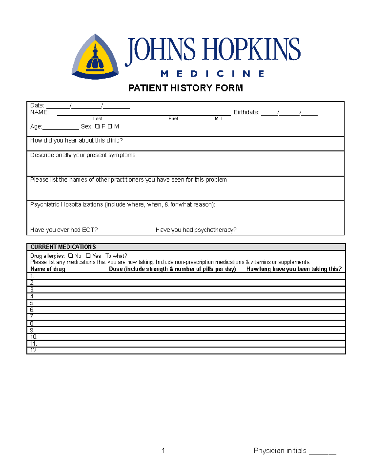 Pt medi history form - PATIENT HISTORY FORM Date: //______ NAME ...
