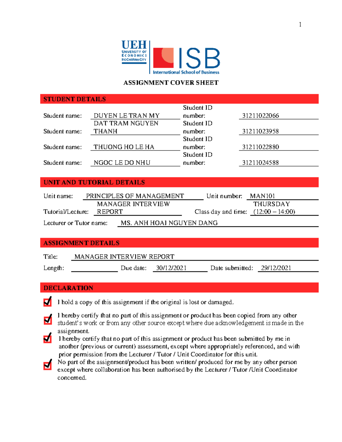 Interview Manager Report - ASSIGNMENT COVER SHEET STUDENT DETAILS ...