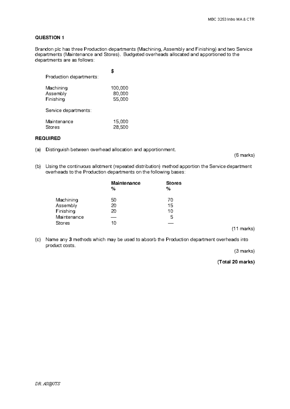 Allocation and apportionment overhead exercise - MBC 3253 Intro MA ...