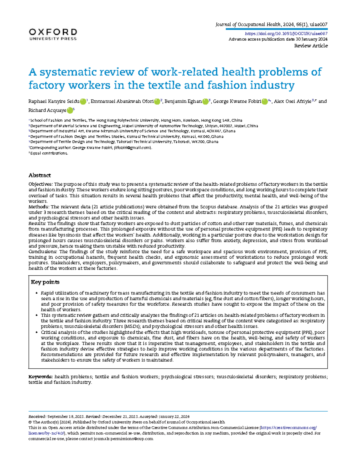 A systematic review of work-related health problems of factory workers ...