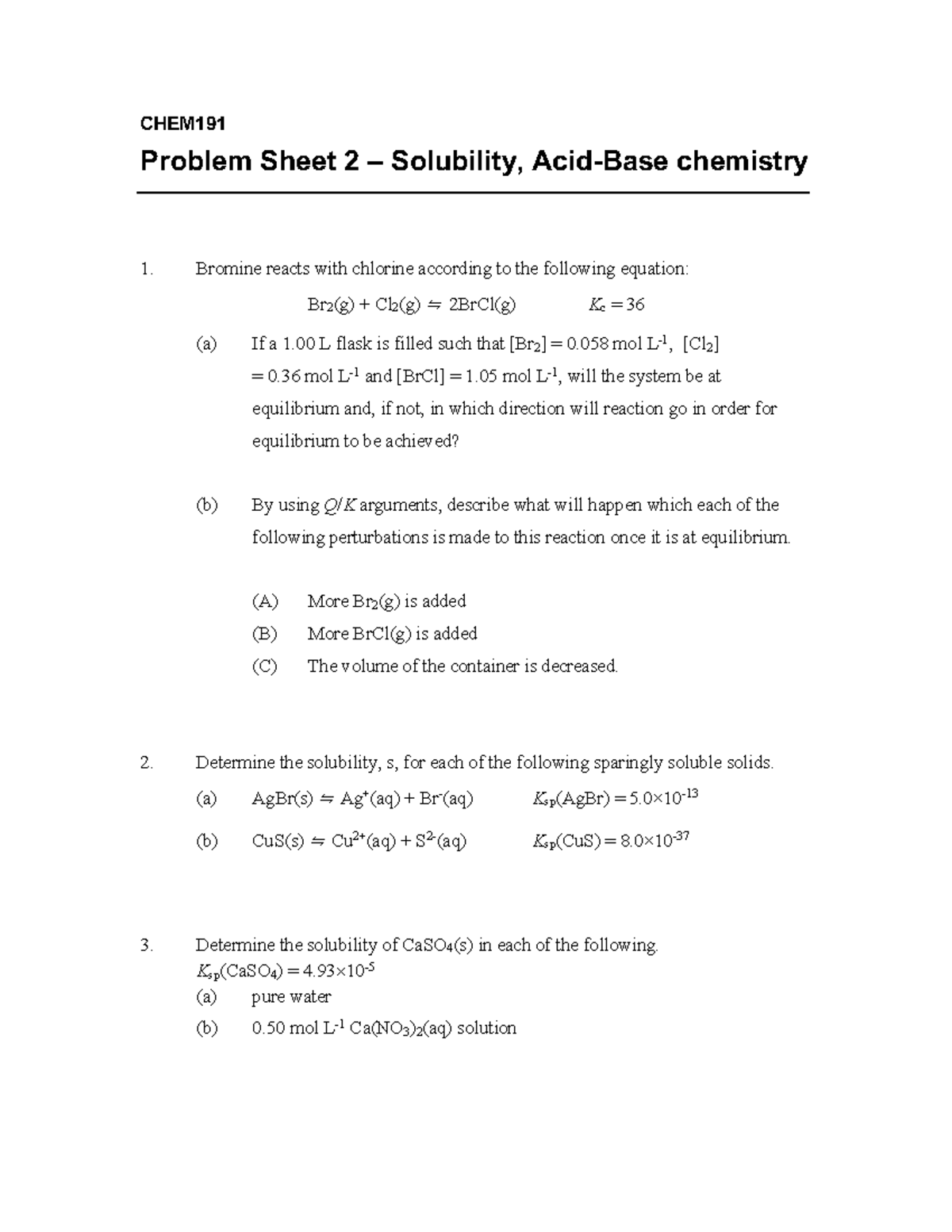 Problem Sheet 2 - CHEM Problem Sheet 2 – Solubility, Acid-Base ...