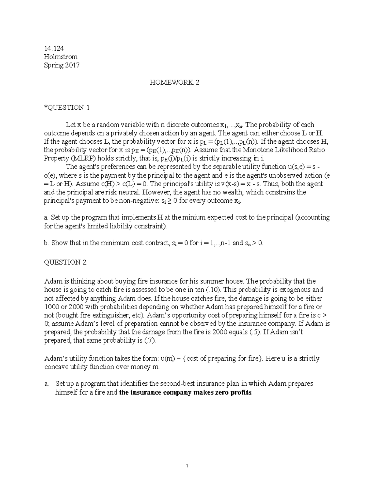 MIT OpenCourseware macro econ problem set 2 - 14. Holmstrom Spring 201 7 HOMEWORK 2 *QUESTION 1 ...