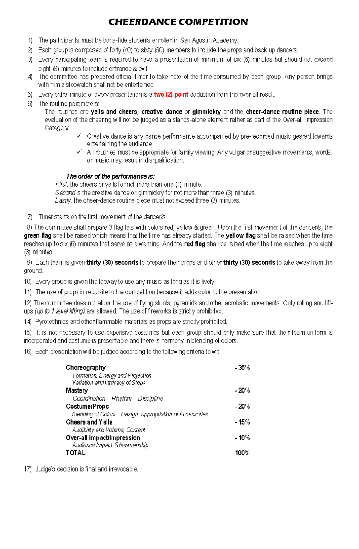 Cheerdance Guidelines 1 - CHEERDANCE COMPETITION The participants must ...