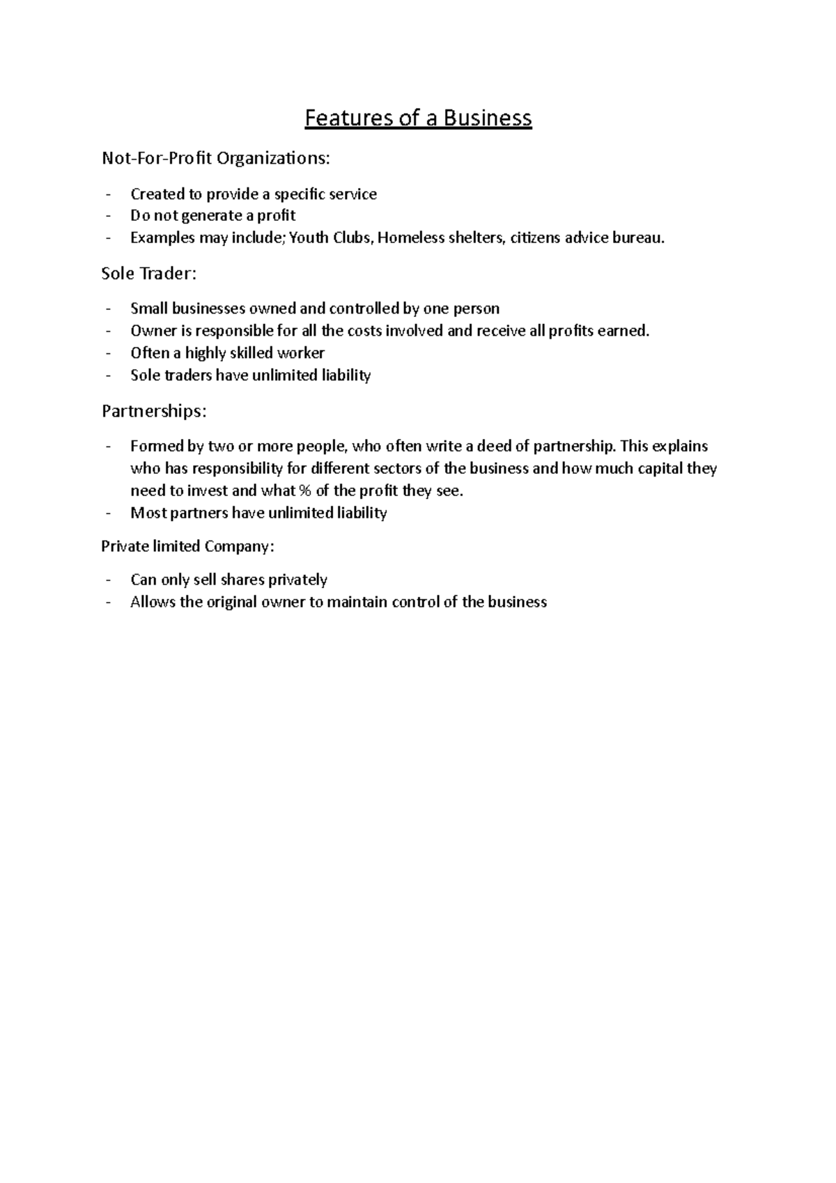 Features of a Business - Features of a Business Not-For-Profit ...