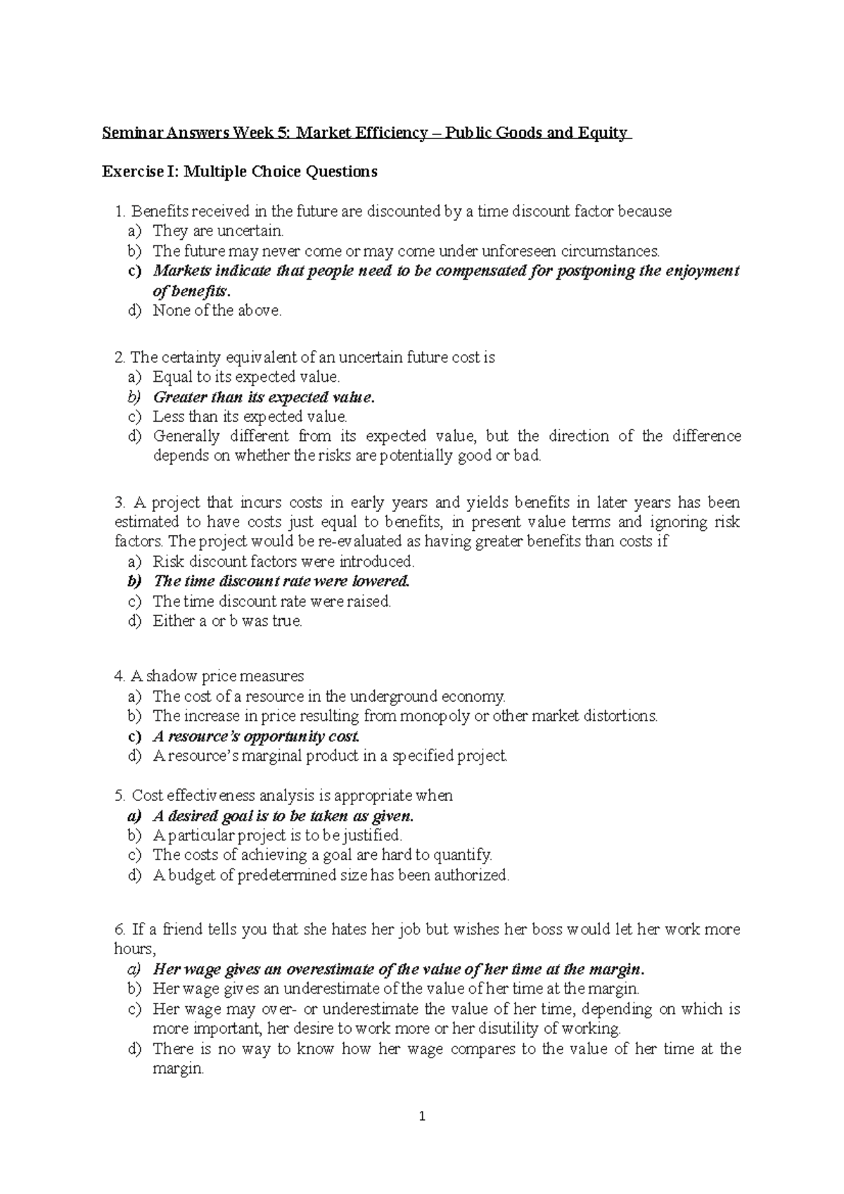 Public Economics week 5 - Seminar Answers Week 5: Market Efficiency ...