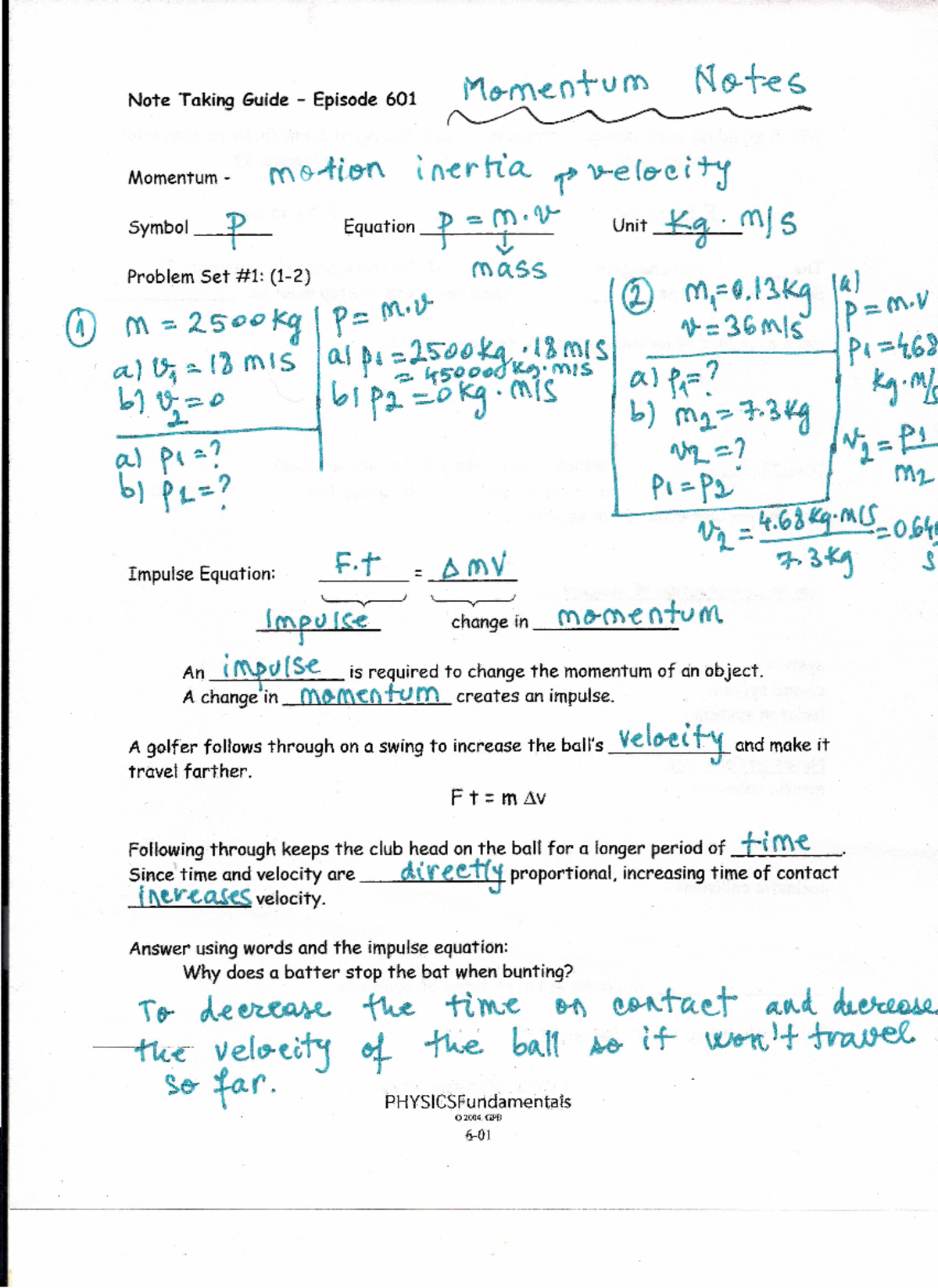 Momentum notes - answers - Note Taking Guide - Episode 601 Impulse ...