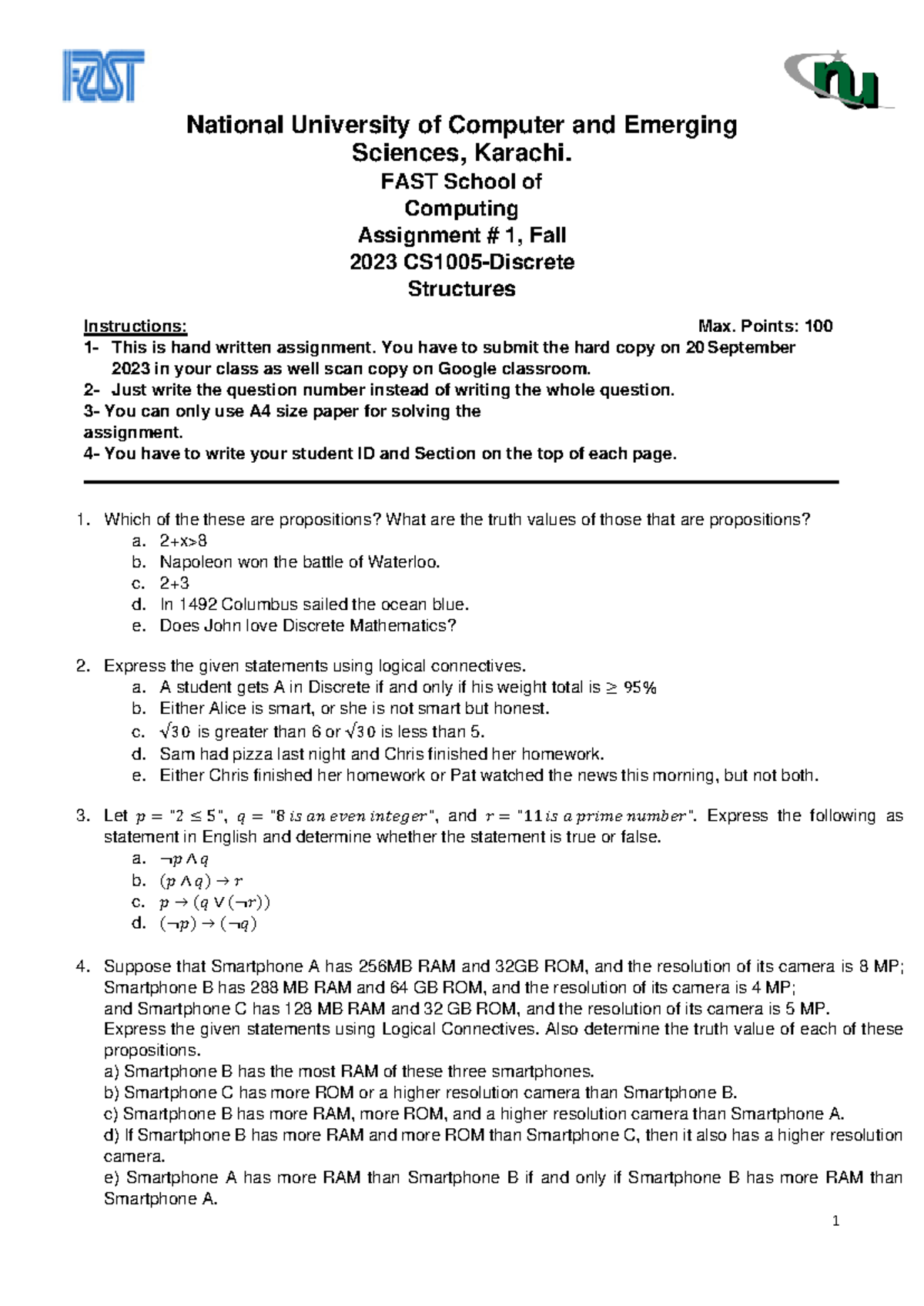 Assignment # 1 - National University of Computer and Emerging Sciences ...
