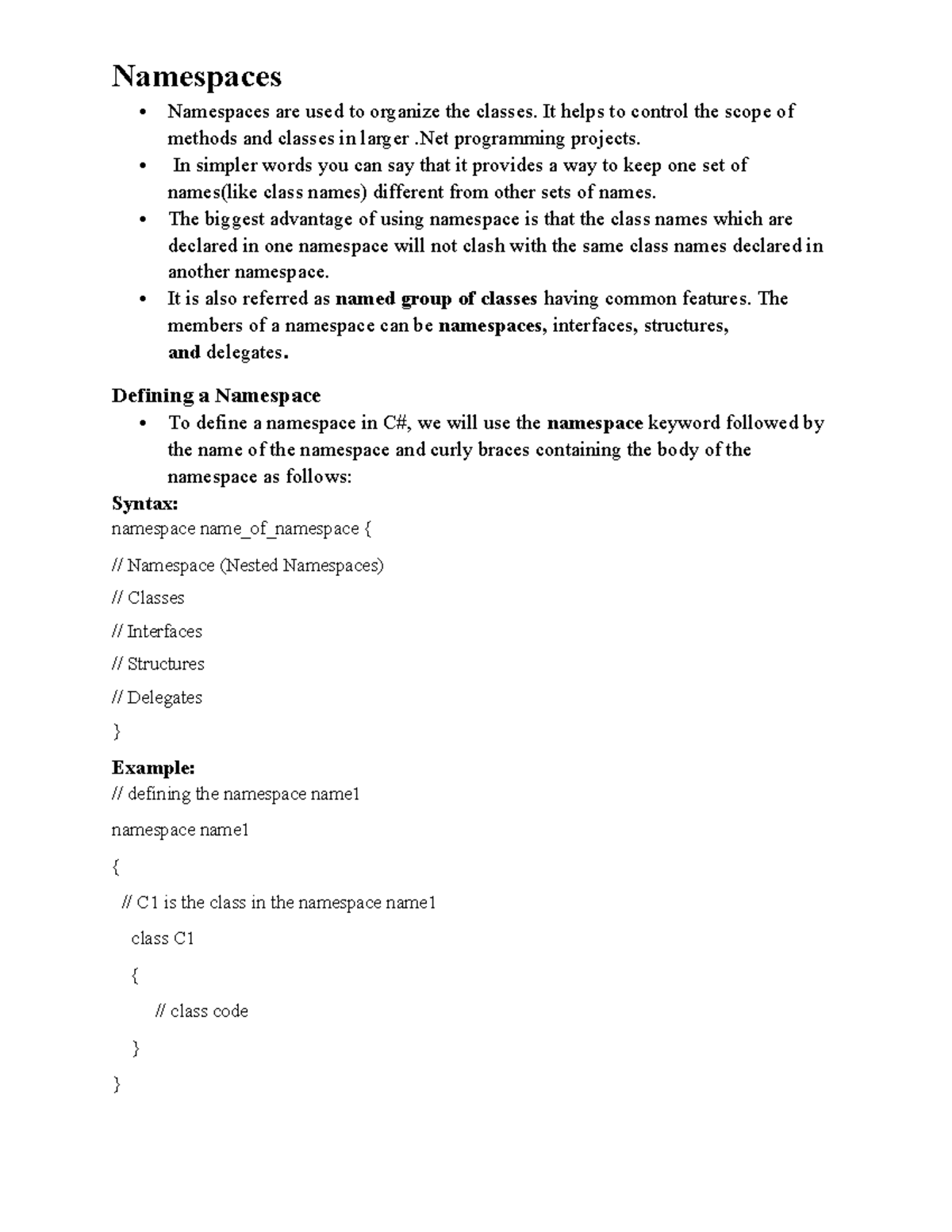 Unit-III - dfdf - Namespaces Namespaces are used to organize the classes. It helps to control ...