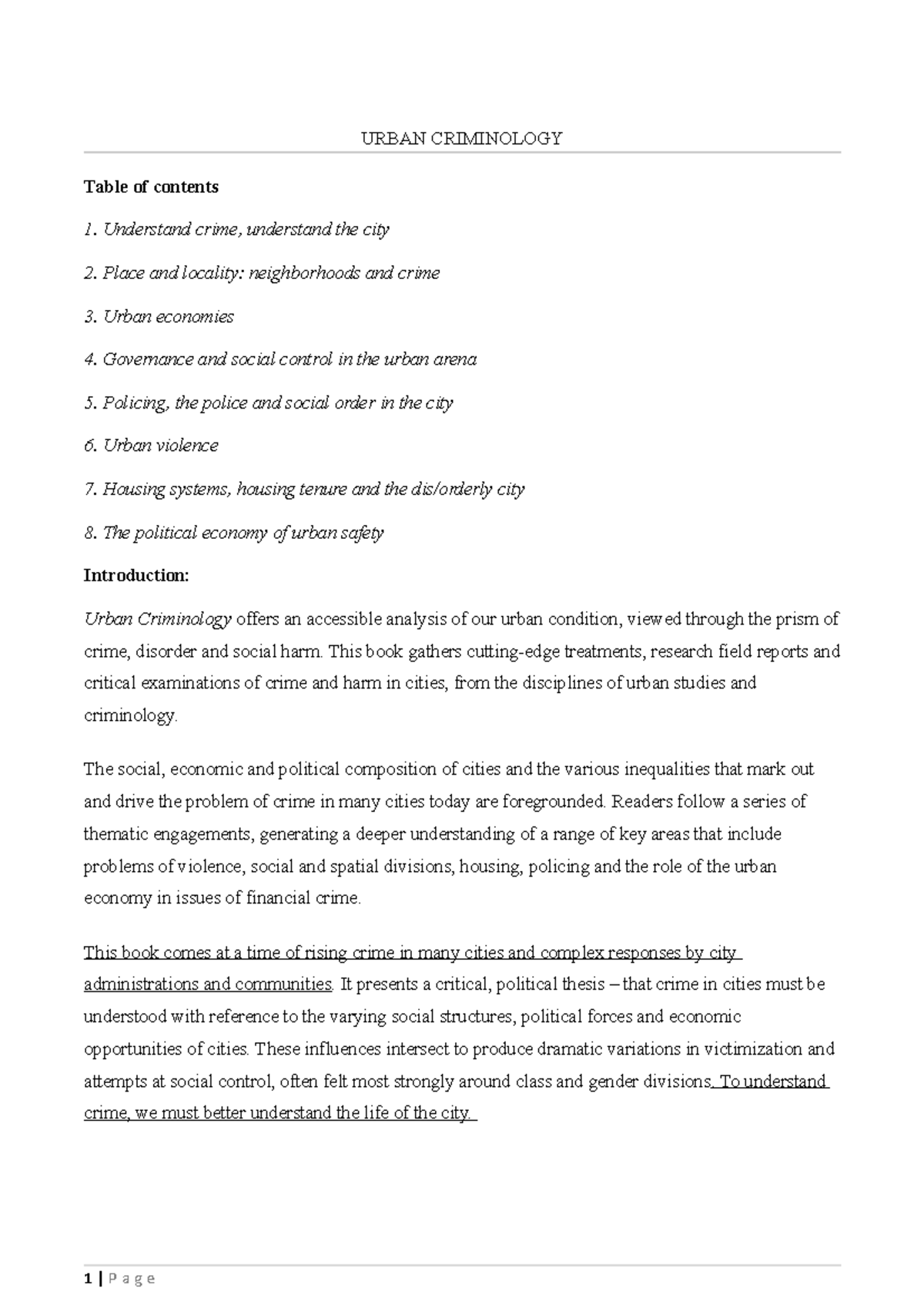 Urban Criminology - read - URBAN CRIMINOLOGY Table of contents 1 ...