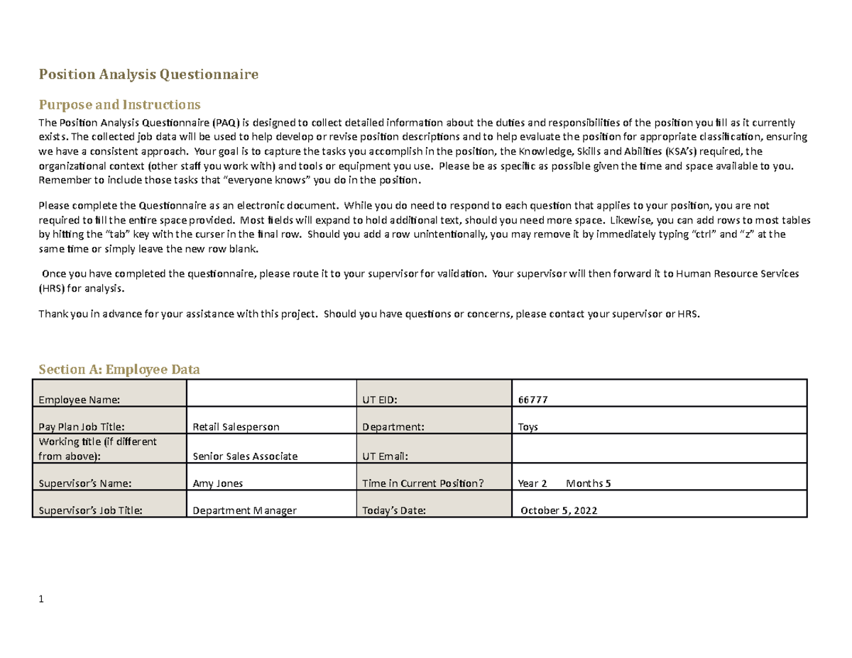 Position-analysis-questionnaire - Position Analysis Questionnaire ...