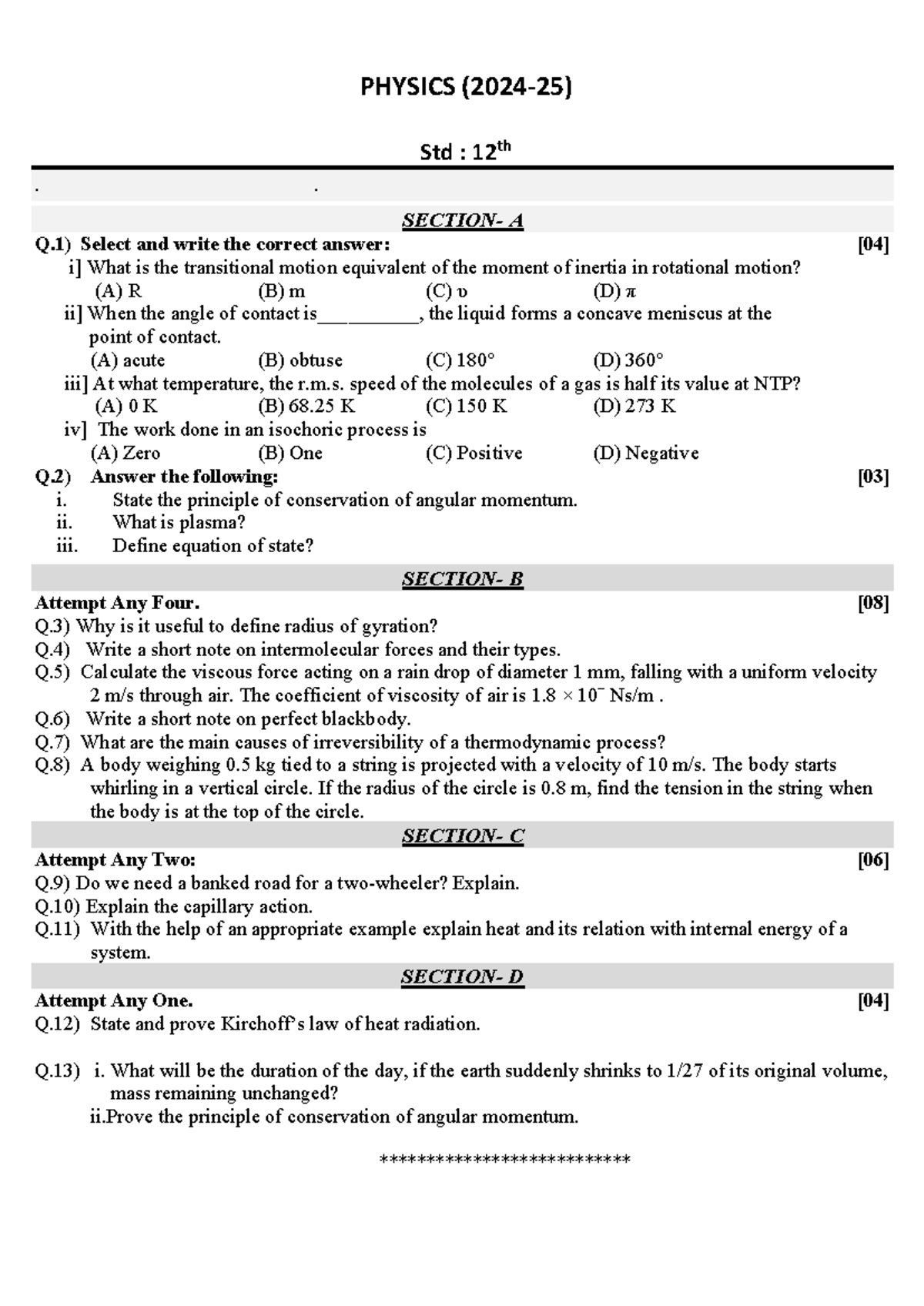 Physics - PHYSICS (202 4 - 25 ) Std : 12th .. SECTION- A Q) Select and ...