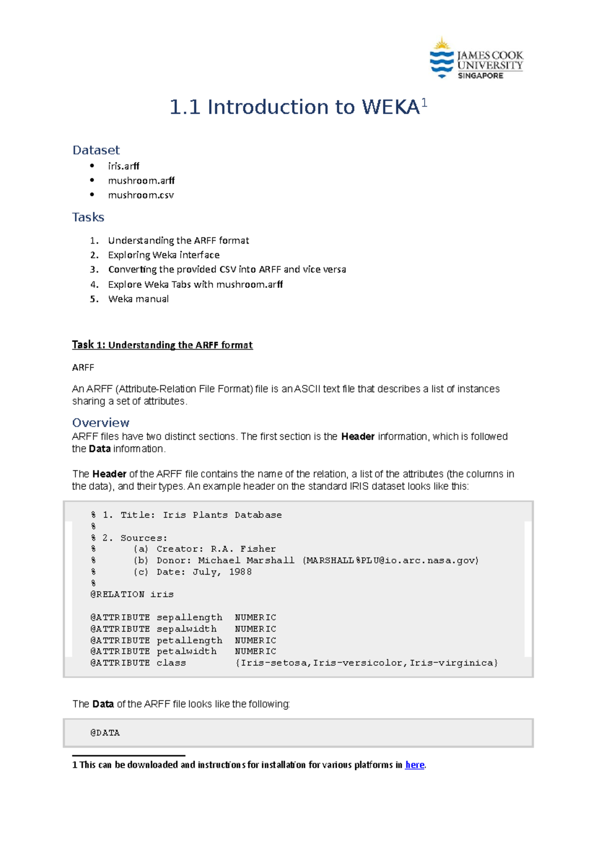 1.1 Lab - Weka Intro notes - 1 Introduction to WEKA 1 Dataset iris ...