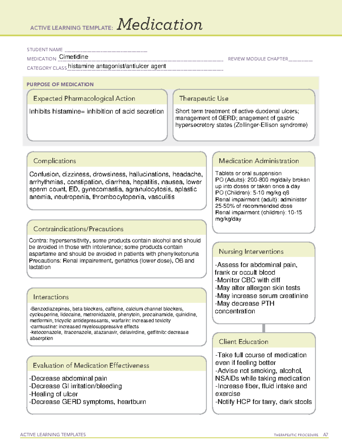 Cimetidine Medication Template ACTIVE LEARNING TEMPLATES THERAPEUTIC