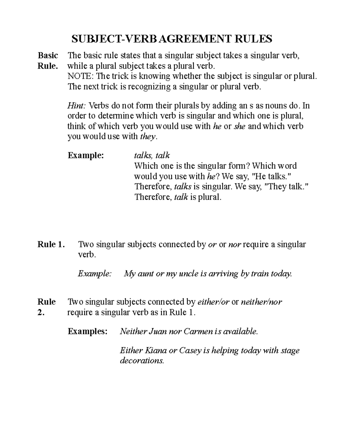 Subject Verb-Agreement Rules - SUBJECT-VERB AGREEMENT RULES Basic Rule ...