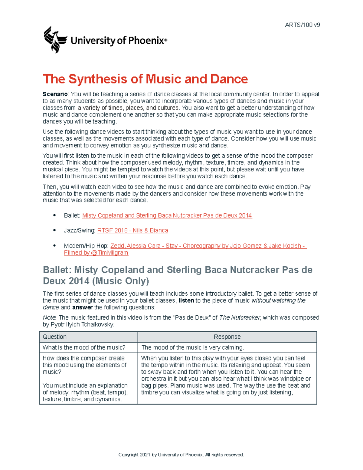 1arts100 v9 wk3 the synthesis of music and dance - ARTS/100 v The Synthesis of Music and Dance ...