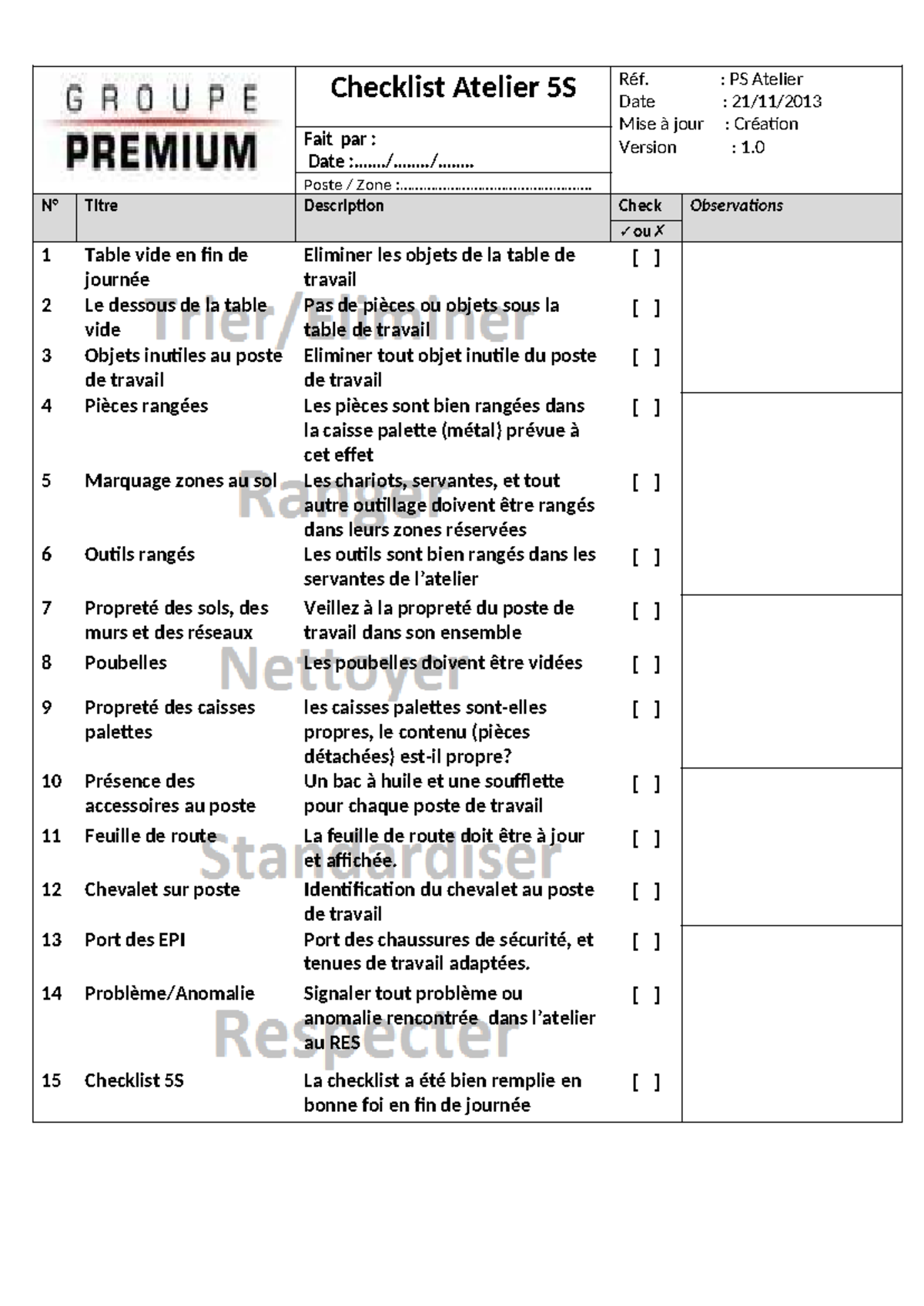 Checklist Atelier 5S - Check list for 5S method - Checklist Atelier 5S ...