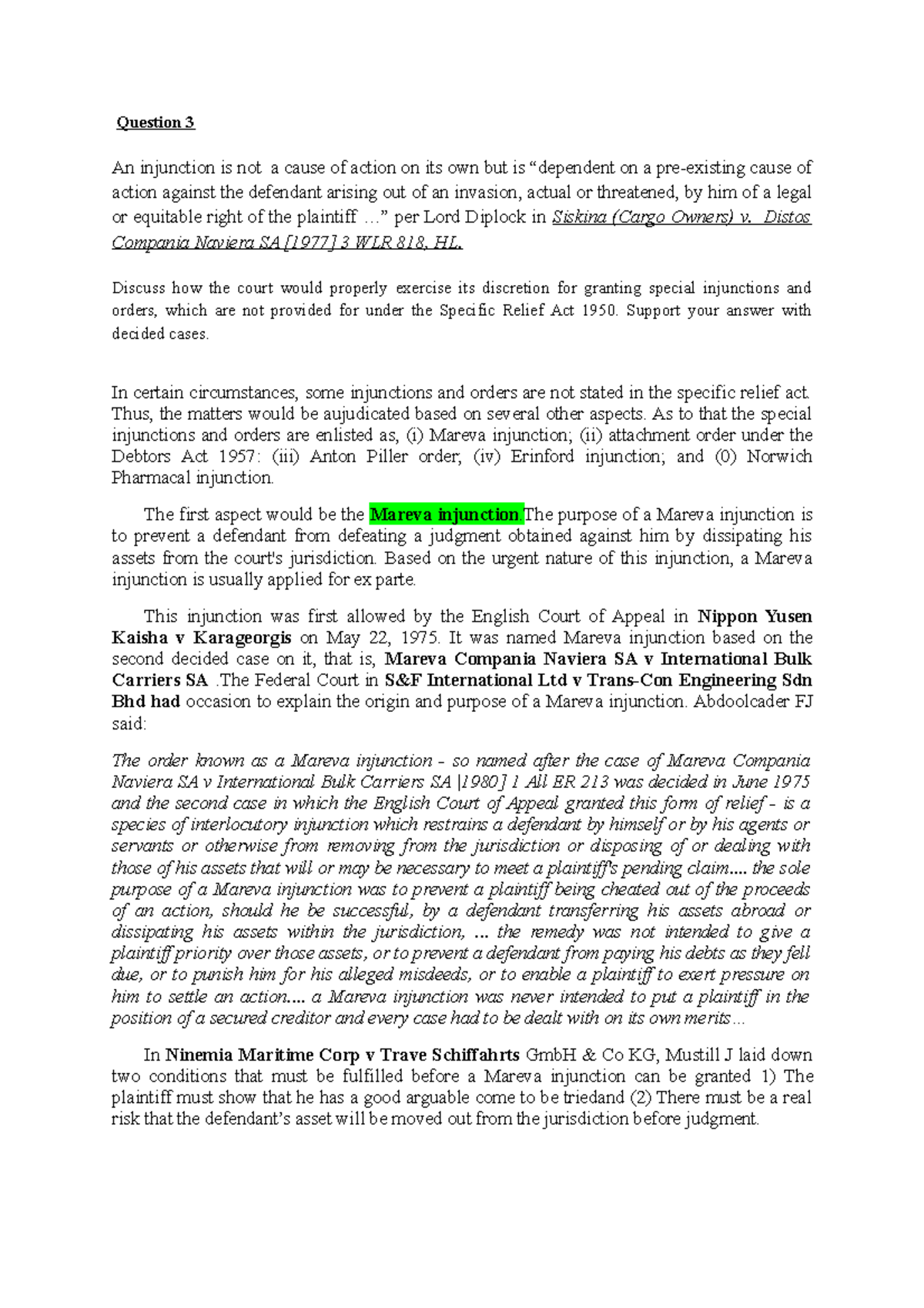 Tutorial 10 (Week 12) Injunction Part 2 - Question 3 An injunction is not a cause of action on ...