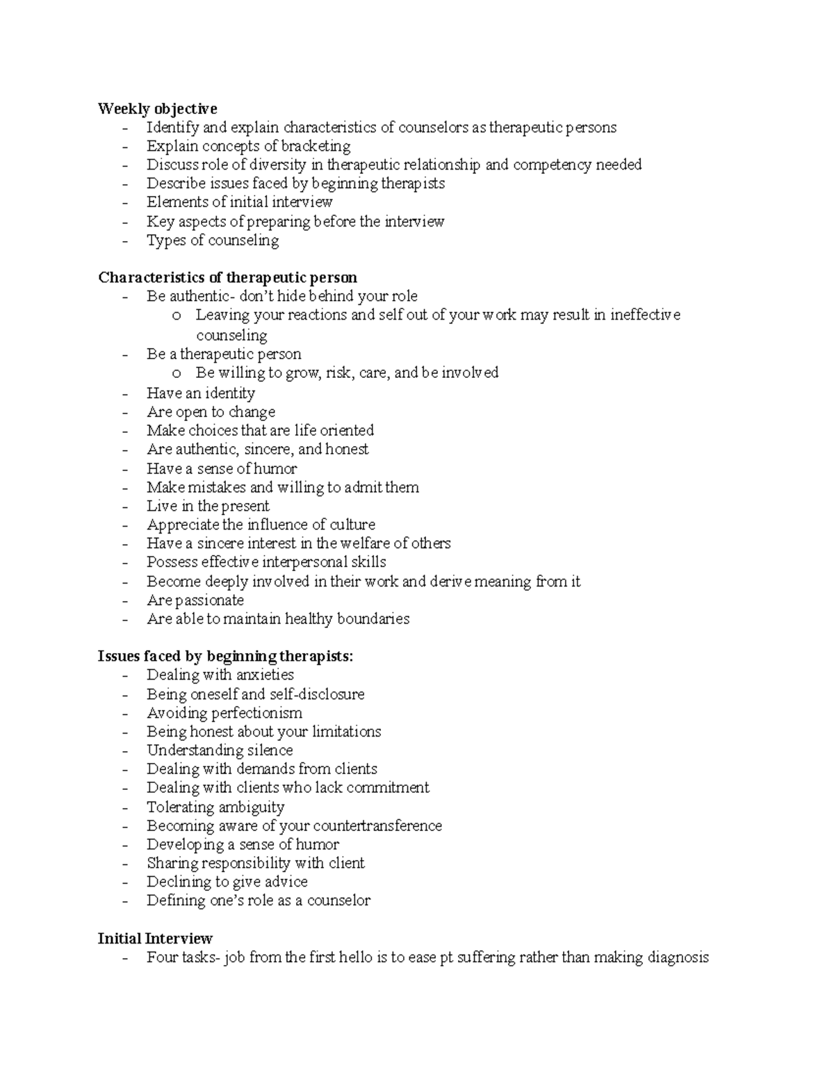 Therapeutic Relationship and Counseling Types - Weekly objective ...