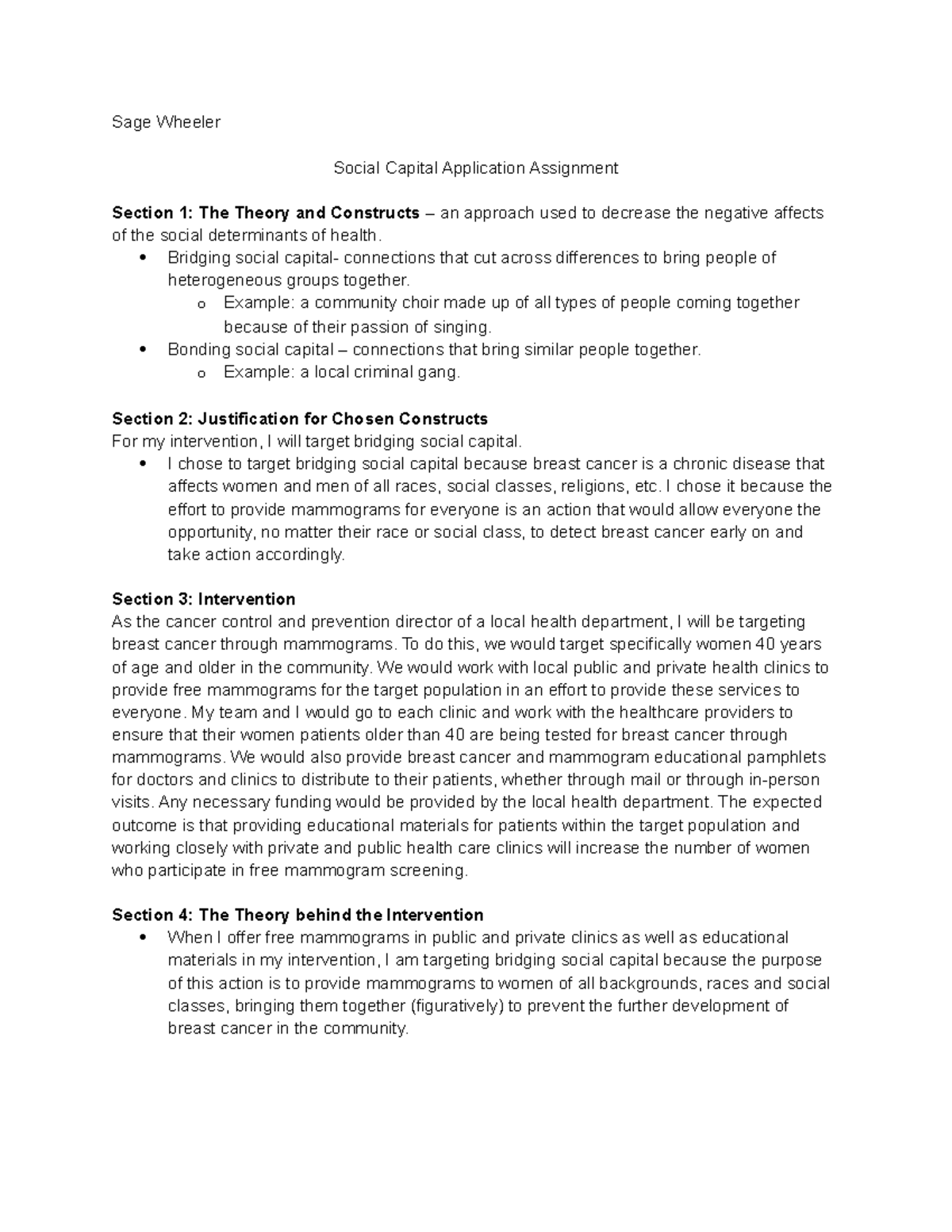 Social Capital Application Assignment - Sage Wheeler Social Capital Application Assignment ...