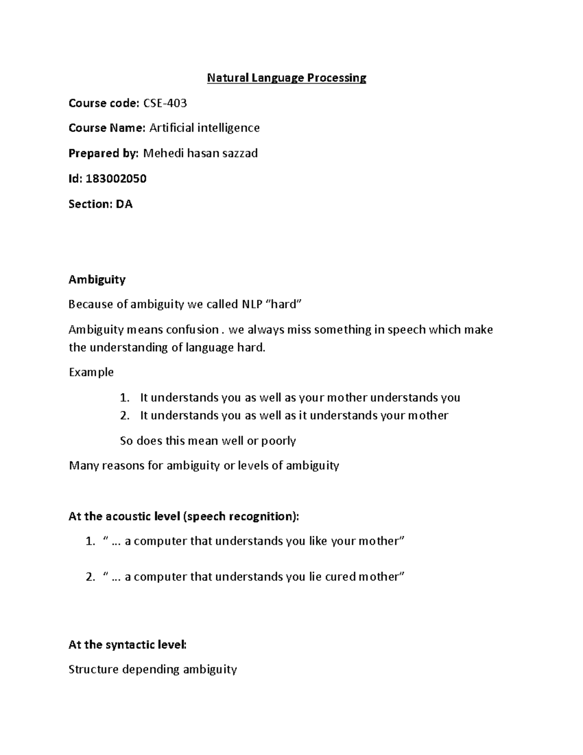 Summary - yesh - Natural Language Processing Course code: CSE- Course ...