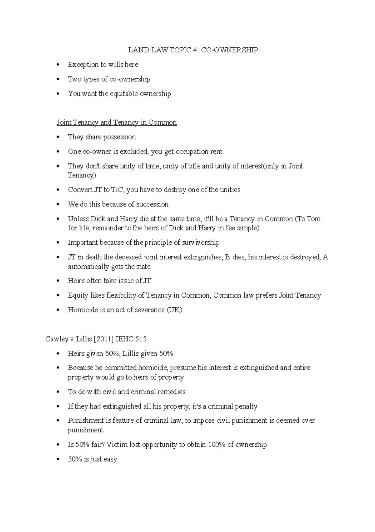 Land Law notes topic 4 - LAND LAW TOPIC 4: CO-OWNERSHIP Exception to ...