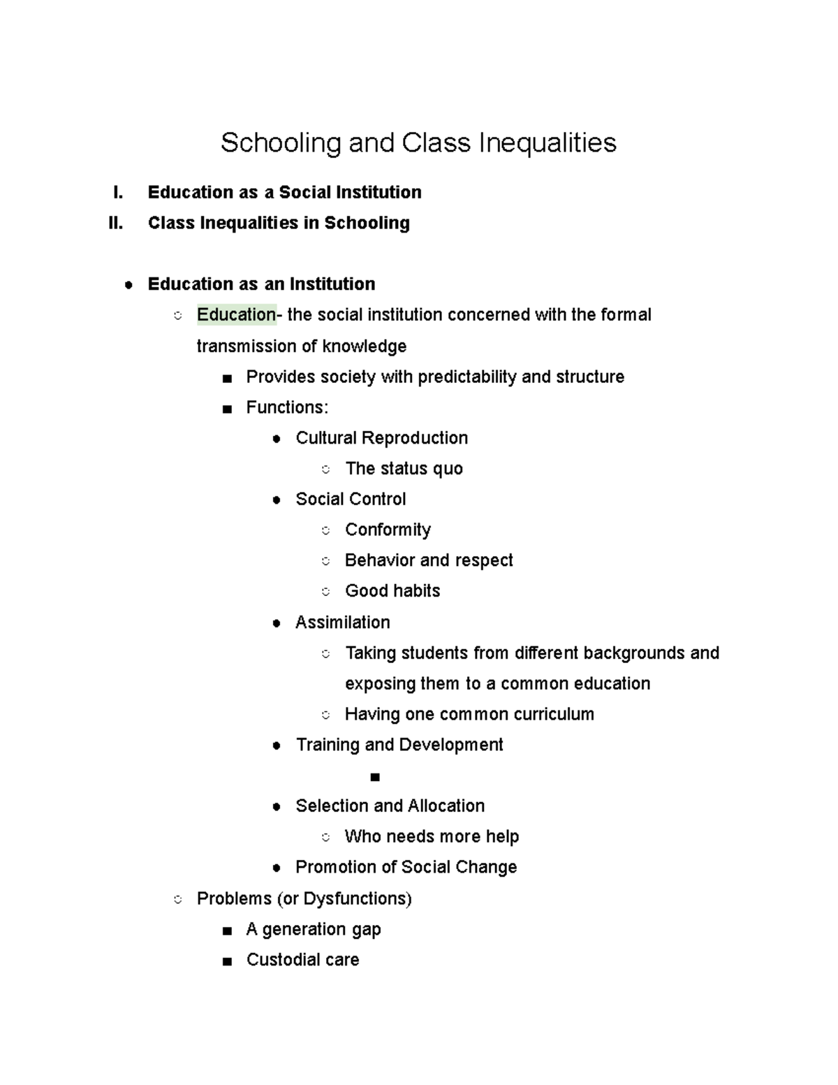 Schooling and Class Inequalities - Education as a Social Institution II ...