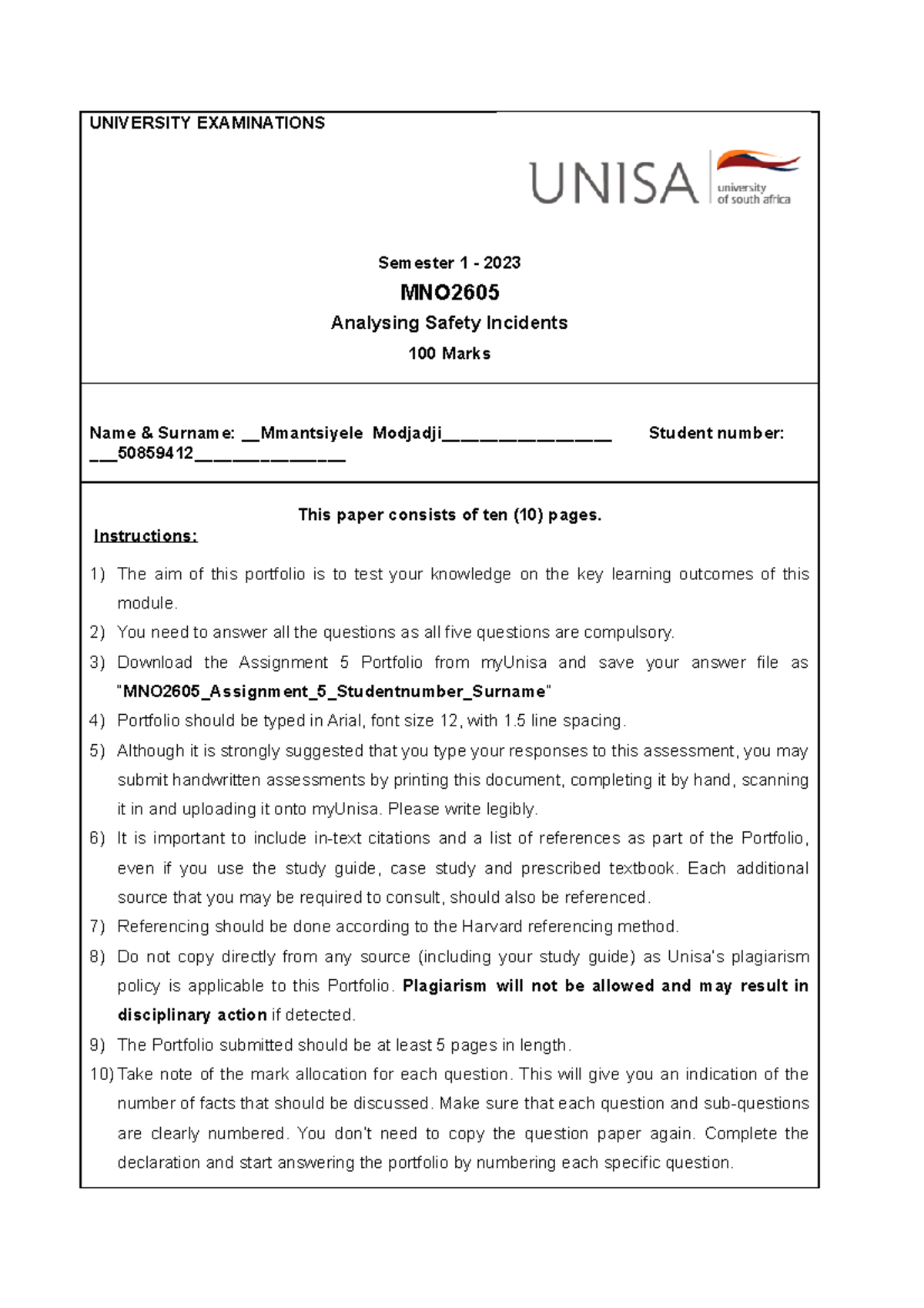 MNO2605 Semester 1 2023 A5 Portfolio Template - UNIVERSITY EXAMINATIONS ...