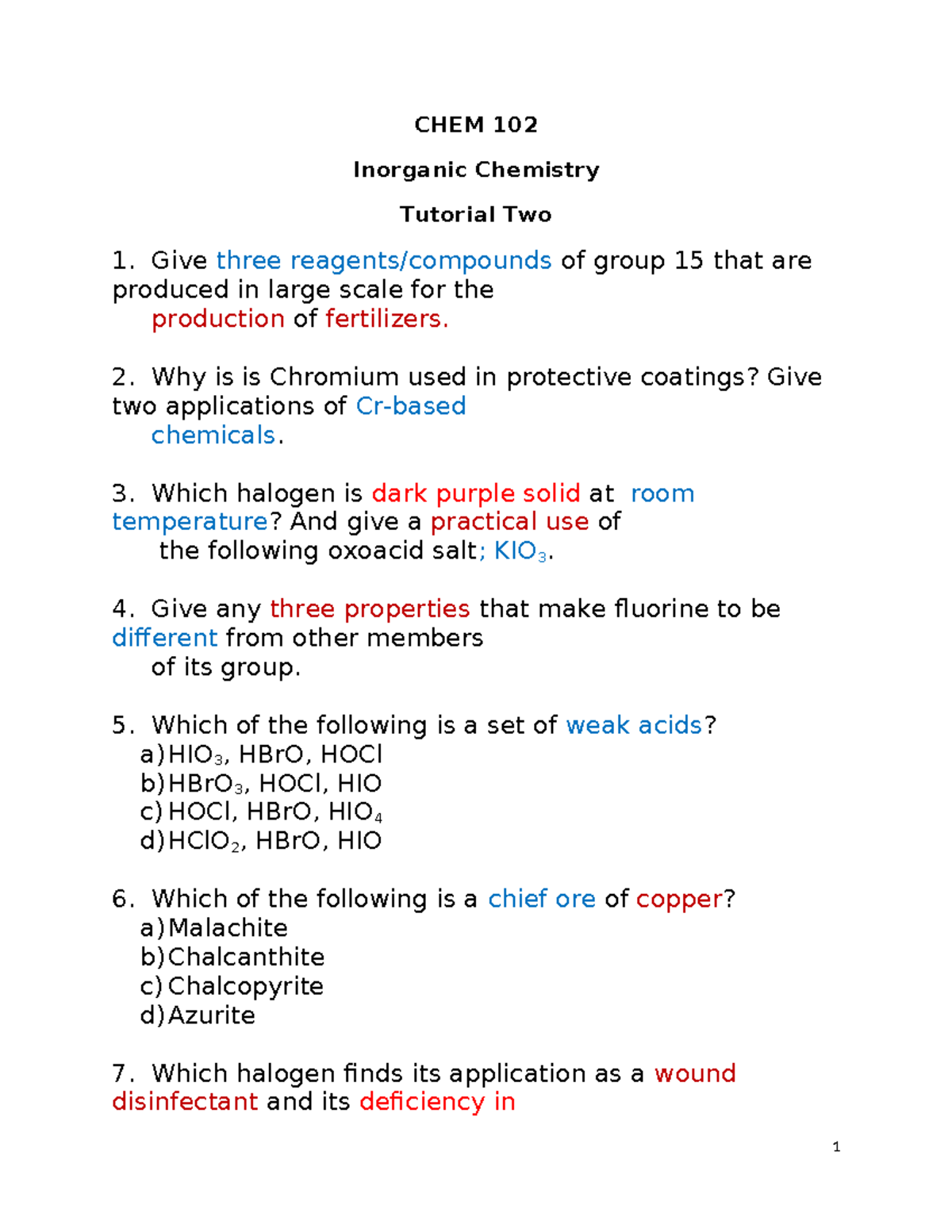 CHEM 102 Inorganic Chemistry Tutorial Two - CHEM 102 Inorganic ...