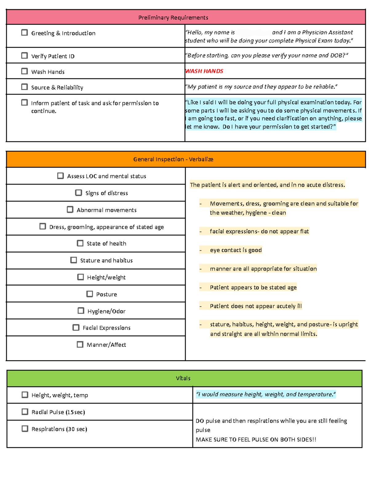 OSCE Script 2 - OSCE Head to toe exam - Preliminary Requirements ...