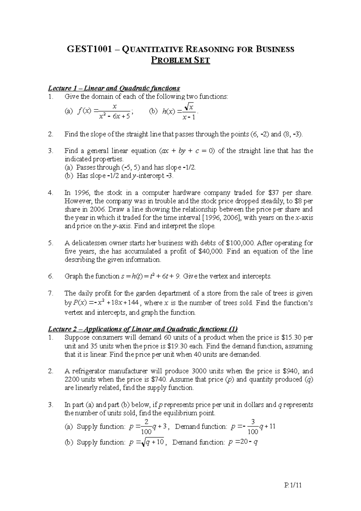 Problem Set Questions 2016 updated - GEST1001 – QUANTITATIVE REASONING ...