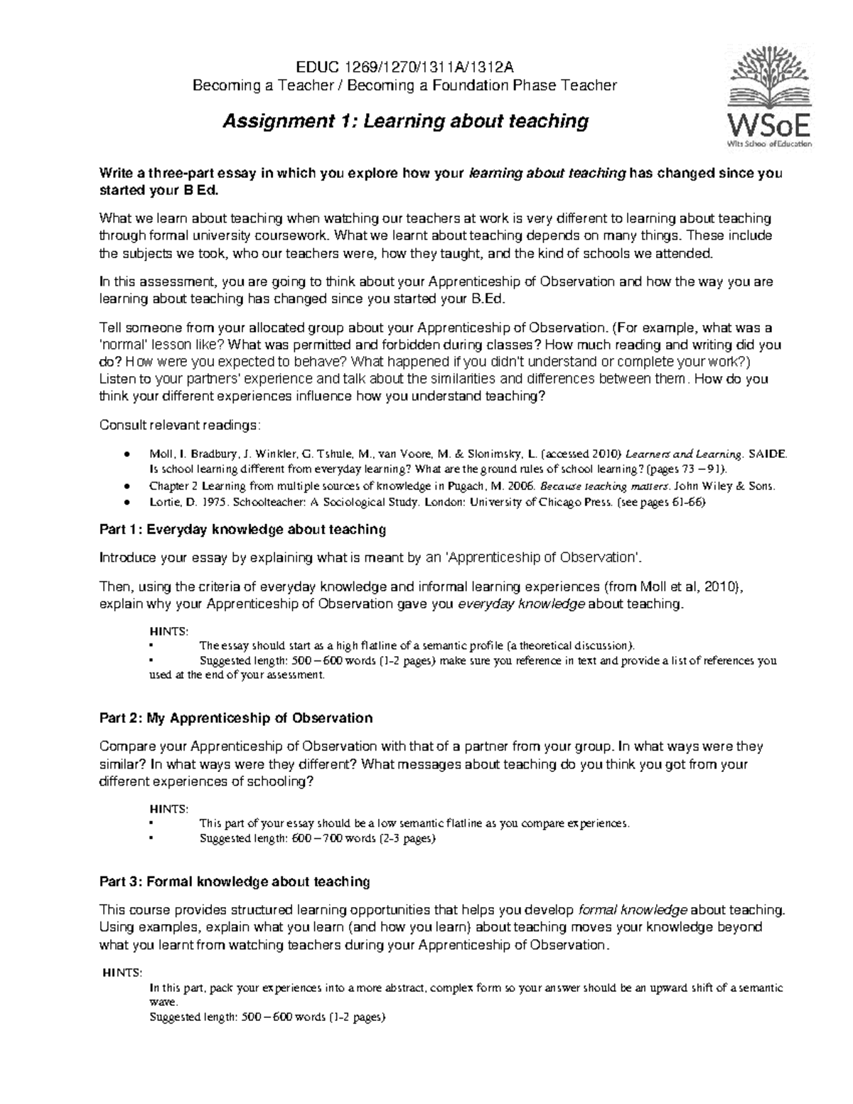 Assessment 1 2022 Learning about teaching - EDUC 1269/1270/1311A/1312A ...