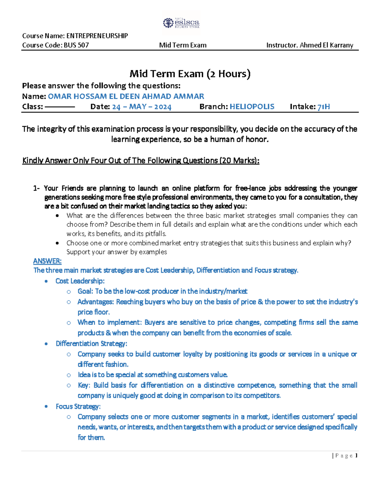 Midterm Exam Omar Ammar Course Code Bus 507 Mid Term Exam