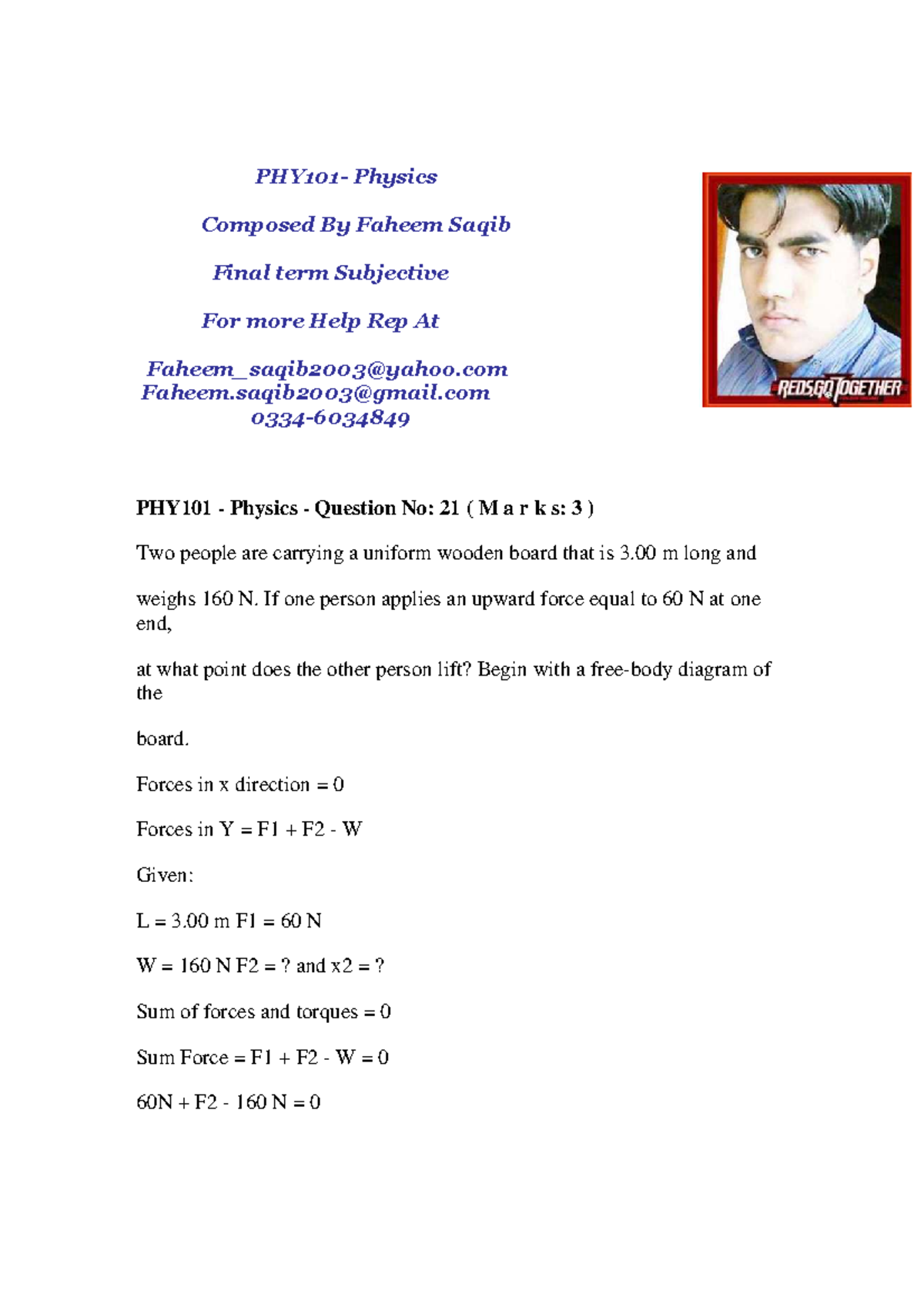 PHY101 Physics Finalterm Subjectives - PHY101- Physics Composed By ...